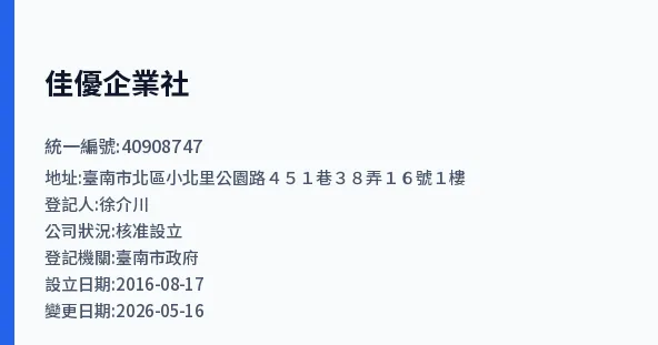 佳優企業社的照片-統編 40908747(臺南市) 公司登記資料與營業項目詳細圖表