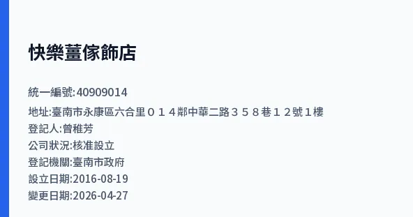 快樂薑傢飾店的照片-統編 40909014(臺南市) 公司登記資料與營業項目詳細圖表