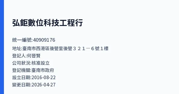 弘鉅數位科技工程行的照片-統編 40909176(臺南市) 公司登記資料與營業項目詳細圖表