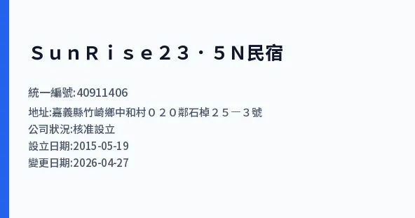 SunRise23.5N民宿的照片-統編 40911406(嘉義縣) 公司登記資料與營業項目詳細圖表