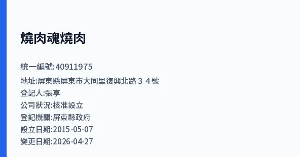 燒肉魂燒肉的照片-統編 40911975(屏東縣) 公司登記資料與營業項目詳細圖表