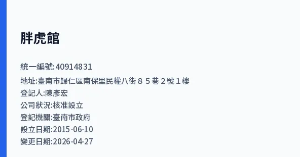胖虎館的照片-統編 40914831(臺南市) 公司登記資料與營業項目詳細圖表