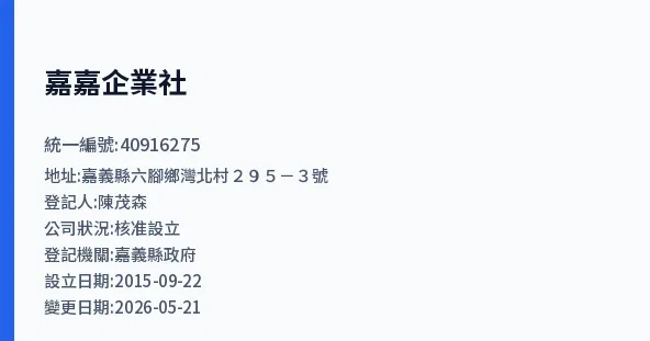 嘉嘉企業社的照片-統編 40916275(嘉義縣) 公司登記資料與營業項目詳細圖表