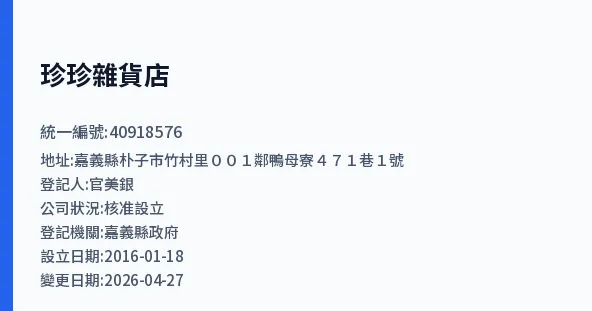 珍珍雜貨店的照片-統編 40918576(嘉義縣) 公司登記資料與營業項目詳細圖表