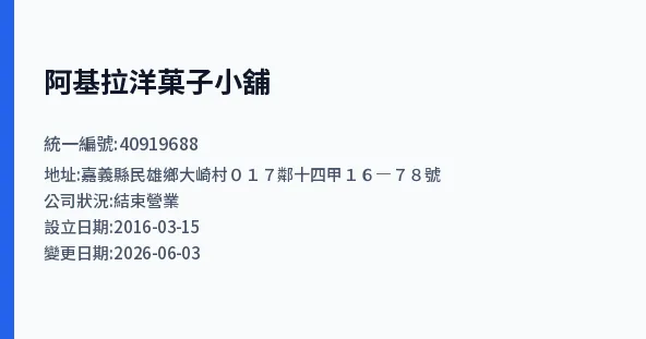 阿基拉洋菓子小舖的照片-統編 40919688(嘉義縣) 公司登記資料與營業項目詳細圖表