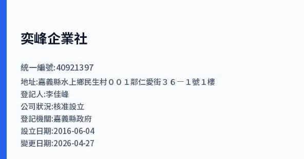 奕峰企業社的照片-統編 40921397(嘉義縣) 公司登記資料與營業項目詳細圖表
