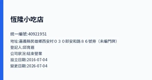 恆隆小吃店的照片-統編 40921951(嘉義縣) 公司登記資料與營業項目詳細圖表