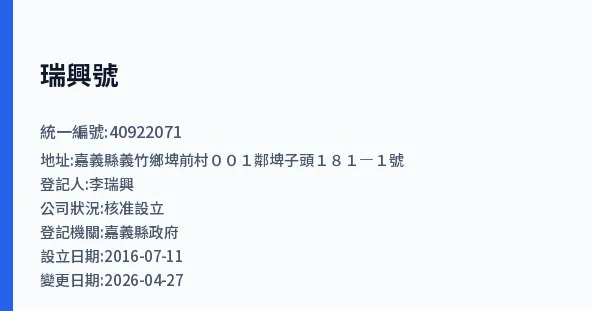 瑞興號的照片-統編 40922071(嘉義縣) 公司登記資料與營業項目詳細圖表
