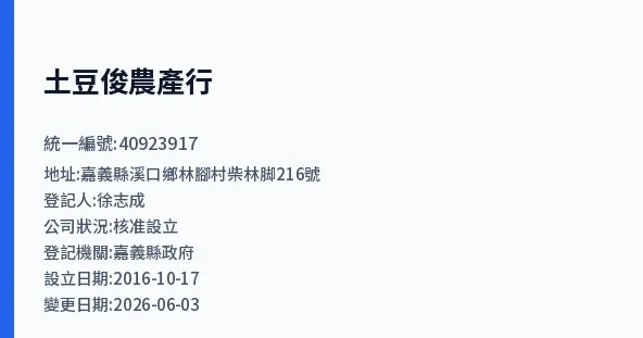 土豆俊農產行的照片-統編 40923917(嘉義縣) 公司登記資料與營業項目詳細圖表