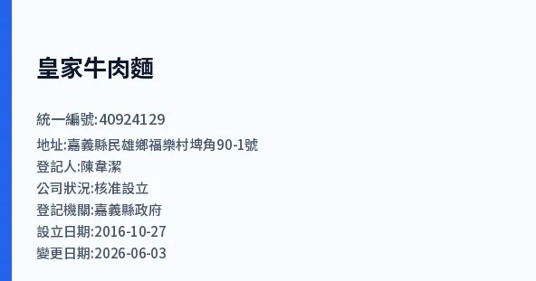 皇家牛肉麵的照片-統編 40924129(嘉義縣) 公司登記資料與營業項目詳細圖表