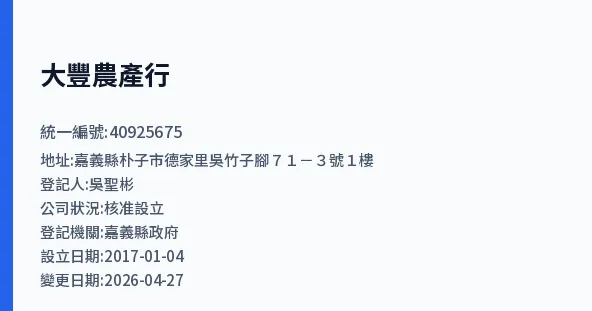 大豐農產行的照片-統編 40925675(嘉義縣) 公司登記資料與營業項目詳細圖表