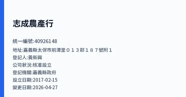 志成農產行的照片-統編 40926148(嘉義縣) 公司登記資料與營業項目詳細圖表