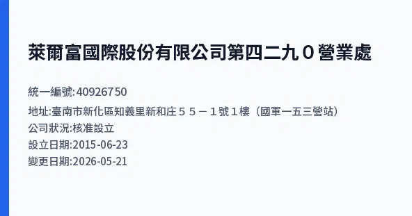 萊爾富國際股份有限公司第四二九0營業處的照片-統編 40926750(臺南市) 公司登記資料與營業項目詳細圖表