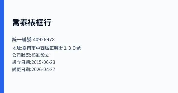 喬泰裱框行的照片-統編 40926978(臺南市) 公司登記資料與營業項目詳細圖表