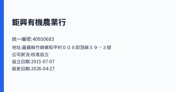 鉅興有機農業行的照片-統編 40930683(嘉義縣) 公司登記資料與營業項目詳細圖表
