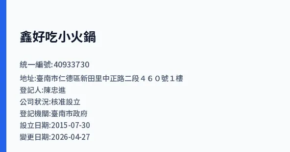 鑫好吃小火鍋的照片-統編 40933730(臺南市) 公司登記資料與營業項目詳細圖表