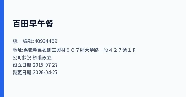 百田早午餐的照片-統編 40934409(嘉義縣) 公司登記資料與營業項目詳細圖表