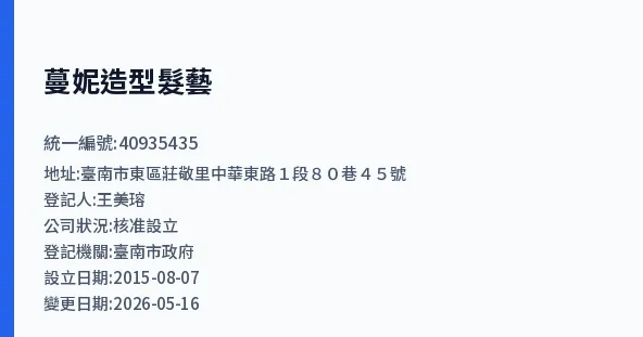 蔓妮造型髮藝的照片-統編 40935435(臺南市) 公司登記資料與營業項目詳細圖表