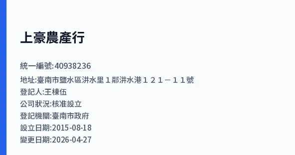 上豪農產行的照片-統編 40938236(臺南市) 公司登記資料與營業項目詳細圖表