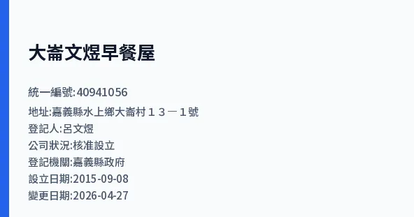 大崙文煜早餐屋的照片-統編 40941056(嘉義縣) 公司登記資料與營業項目詳細圖表