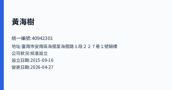 黃海樹的照片-統編 40942301(臺南市) 公司登記資料與營業項目詳細圖表