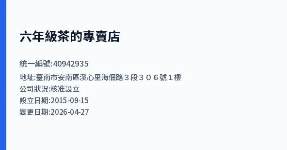 六年級茶的專賣店的照片-統編 40942935(臺南市) 公司登記資料與營業項目詳細圖表