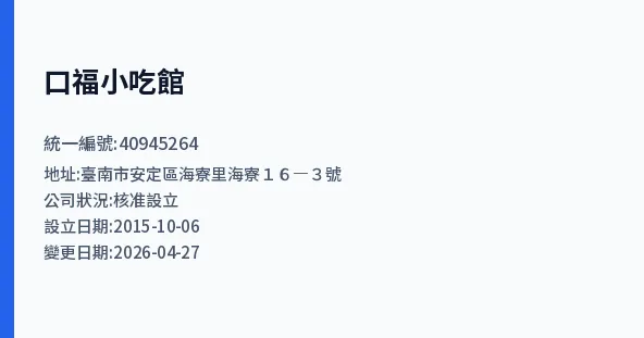 口福小吃館的照片-統編 40945264(臺南市) 公司登記資料與營業項目詳細圖表