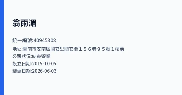 翁雨湄的照片-統編 40945308(臺南市) 公司登記資料與營業項目詳細圖表