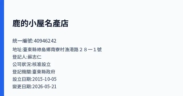 鹿的小屋名產店的照片-統編 40946242(臺東縣) 公司登記資料與營業項目詳細圖表