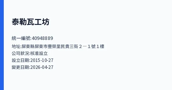 泰勒瓦工坊的照片-統編 40948889(屏東縣) 公司登記資料與營業項目詳細圖表