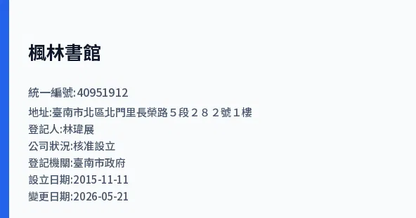 楓林書館的照片-統編 40951912(臺南市) 公司登記資料與營業項目詳細圖表