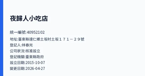 夜歸人小吃店的照片-統編 40952102(臺東縣) 公司登記資料與營業項目詳細圖表