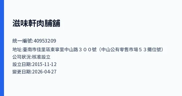 滋味軒肉脯舖的照片-統編 40953209(臺南市) 公司登記資料與營業項目詳細圖表