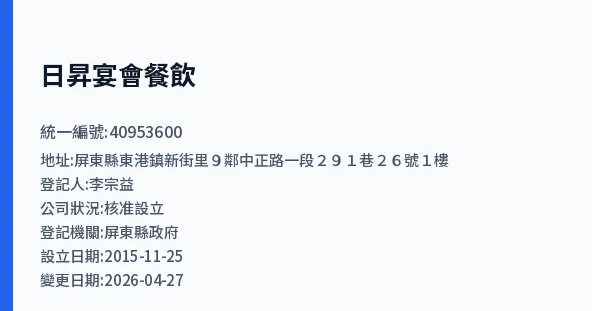 日昇宴會餐飲的照片-統編 40953600(屏東縣) 公司登記資料與營業項目詳細圖表
