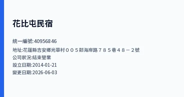 花比屯民宿的照片-統編 40956846(花蓮縣) 公司登記資料與營業項目詳細圖表