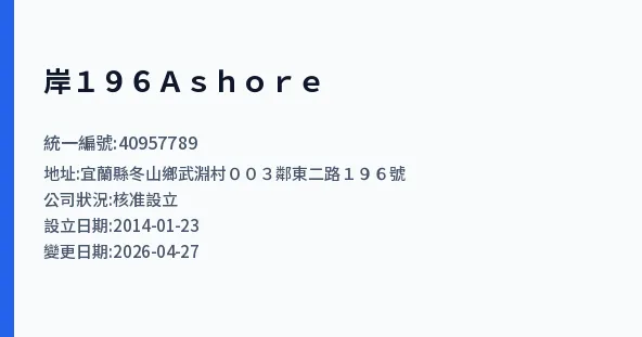 岸 196 Ashore的照片-統編 40957789(宜蘭縣) 公司登記資料與營業項目詳細圖表