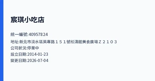 宸琪小吃店的照片-統編 40957824(新北市) 公司登記資料與營業項目詳細圖表