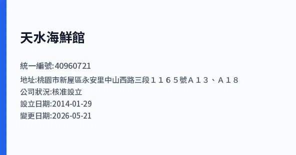 天水海鮮館的照片-統編 40960721(桃園市) 公司登記資料與營業項目詳細圖表