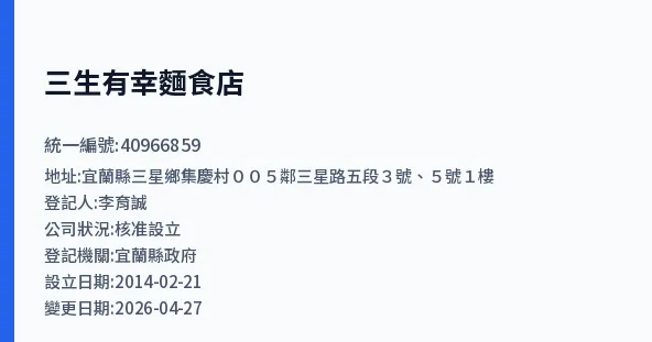 三生有幸麵食店的照片-統編 40966859(宜蘭縣) 公司登記資料與營業項目詳細圖表