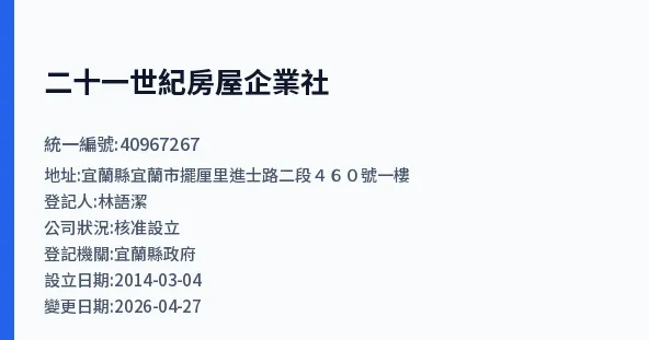 二十一世紀房屋企業社的照片-統編 40967267(宜蘭縣) 公司登記資料與營業項目詳細圖表