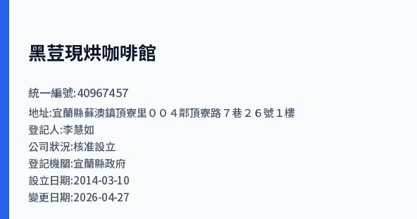 黑荳現烘咖啡館的照片-統編 40967457(宜蘭縣) 公司登記資料與營業項目詳細圖表