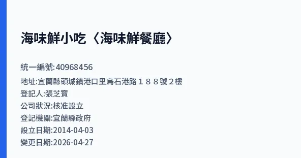海味鮮小吃〈海味鮮餐廳〉的照片-統編 40968456(宜蘭縣) 公司登記資料與營業項目詳細圖表