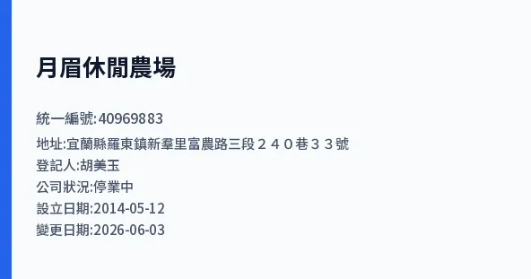 月眉休閒農場的照片-統編 40969883(宜蘭縣) 公司登記資料與營業項目詳細圖表