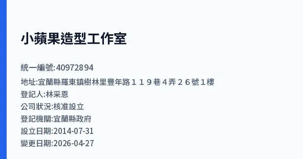 小蘋果造型工作室的照片-統編 40972894(宜蘭縣) 公司登記資料與營業項目詳細圖表
