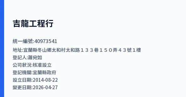 吉龍工程行的照片-統編 40973541(宜蘭縣) 公司登記資料與營業項目詳細圖表