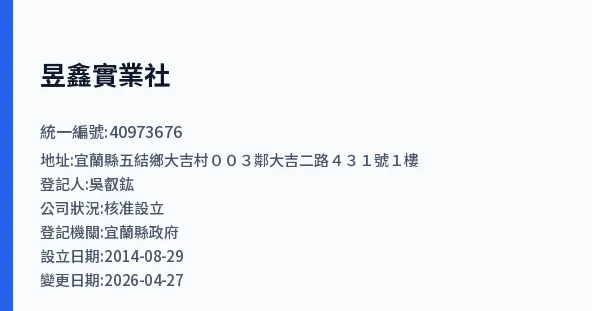 昱鑫實業社的照片-統編 40973676(宜蘭縣) 公司登記資料與營業項目詳細圖表