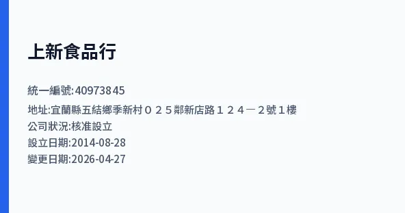 上新食品行的照片-統編 40973845(宜蘭縣) 公司登記資料與營業項目詳細圖表