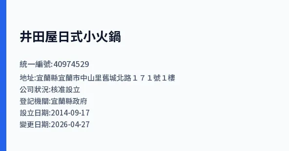 井田屋日式小火鍋的照片-統編 40974529(宜蘭縣) 公司登記資料與營業項目詳細圖表