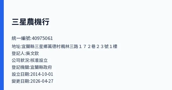三星農機行的照片-統編 40975061(宜蘭縣) 公司登記資料與營業項目詳細圖表