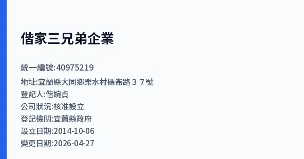 偕家三兄弟企業的照片-統編 40975219(宜蘭縣) 公司登記資料與營業項目詳細圖表